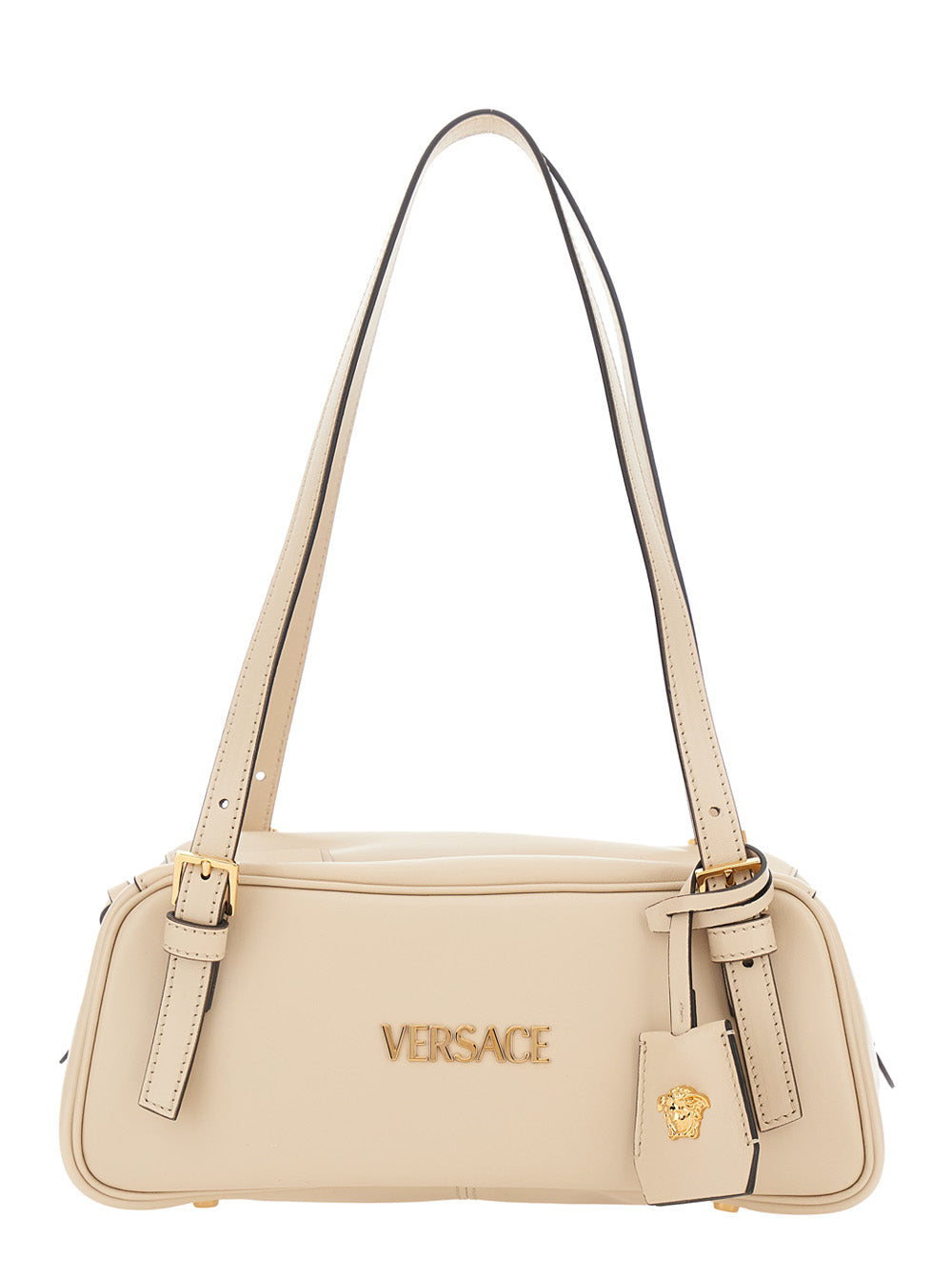 Versace Women 'Tag Bowling' White Shoulder Bag With Metallic Logo Lett ...